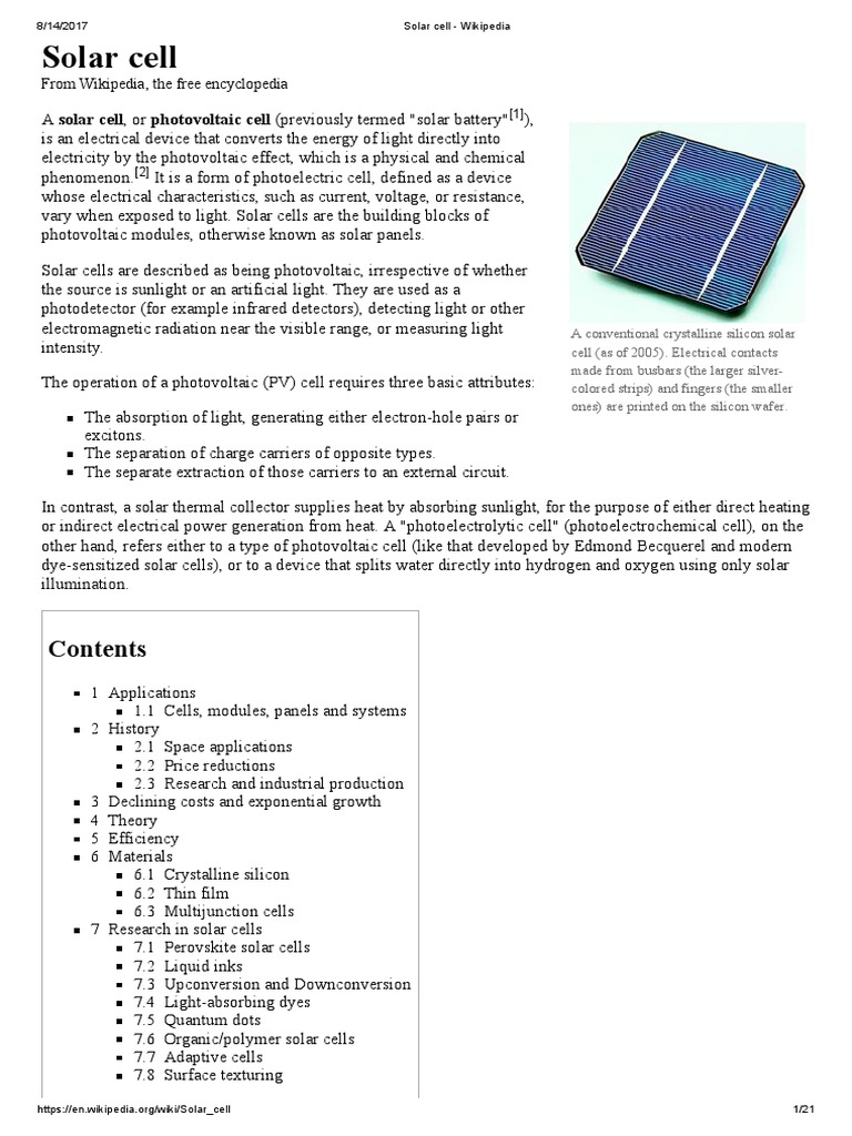 Solar Cell - Wikipedia | PDF | Solar Cell | Thin Film Solar Cell