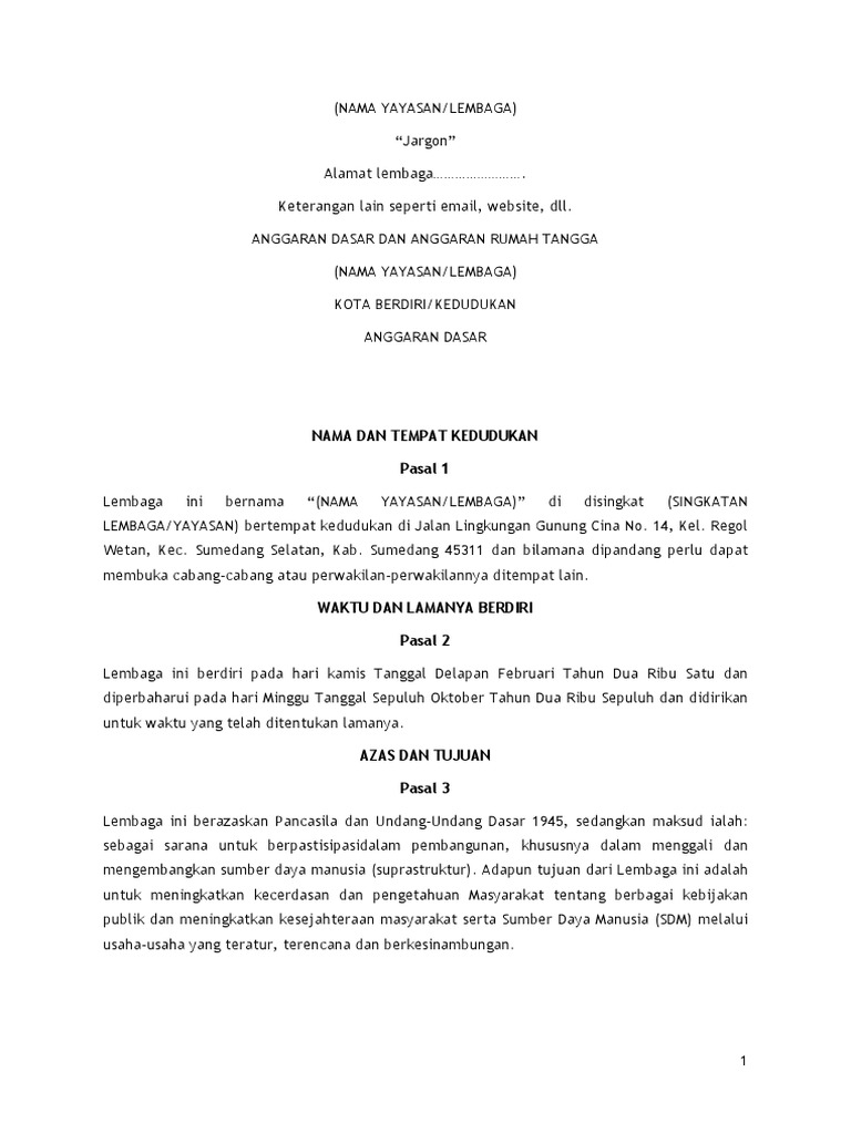 Contoh AD/ART YAYASAN