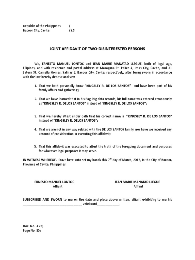 Joint Affidavit Pagibig Sample | PDF | Law