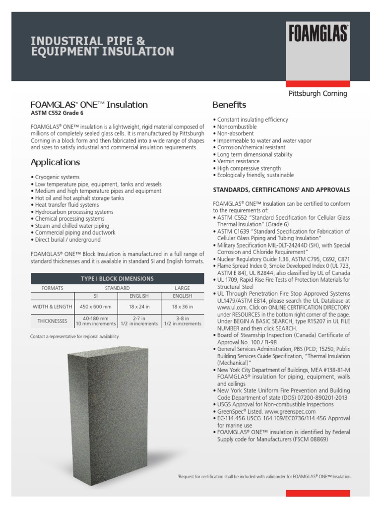 FOAMGLAS® ONE™ Insulation (ASTM) PDS | PDF | Thermal Insulation | Pipe ...