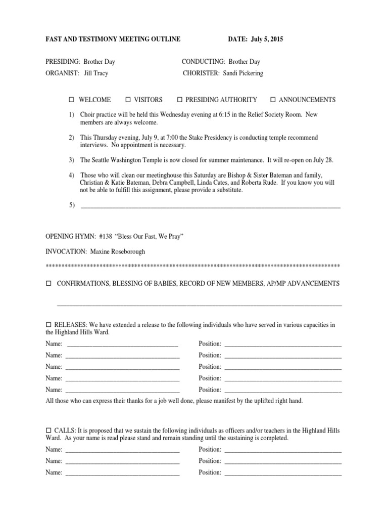 Sacrament Meeting Outline - Fast Sunday | Christian Movements | Mormonism