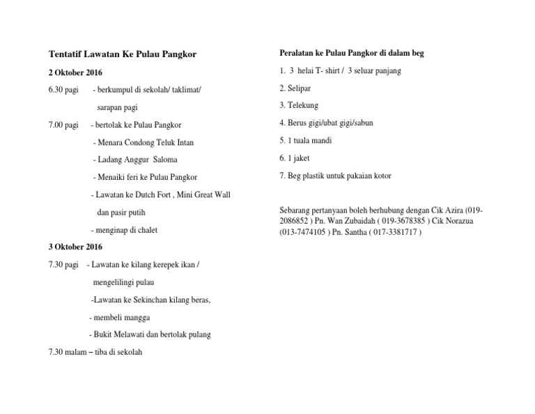 Tentatif Lawatan Ke Pulau Pangkor | PDF