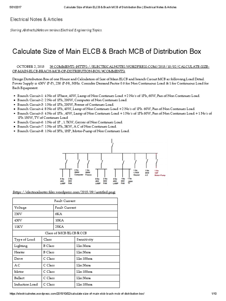 Calculate Size of Main ELCB & Brach MCB of Distribution Box ...