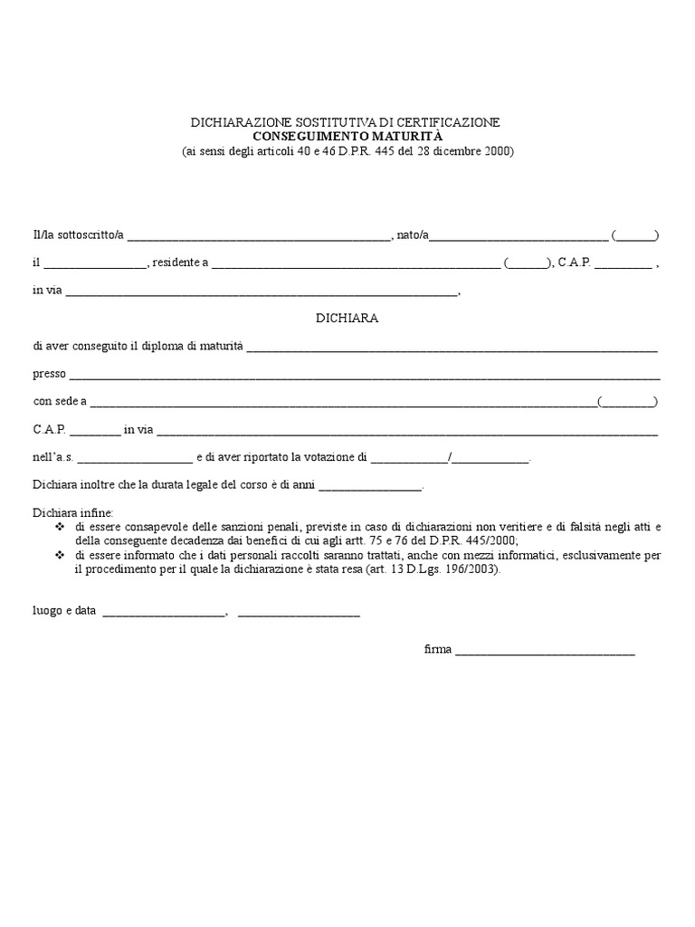 Modulo Autocertificazione Diploma Maturità | PDF