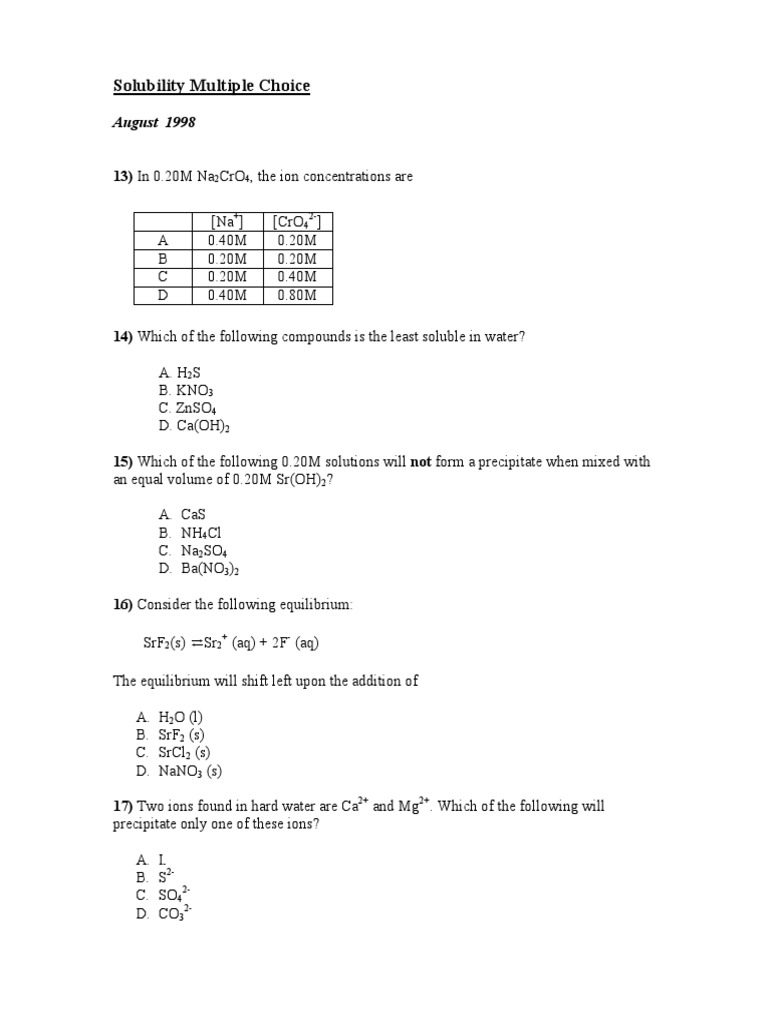 Chemistry 12 - Unit 3 - Solubility (M.C.) | Download Free PDF ...