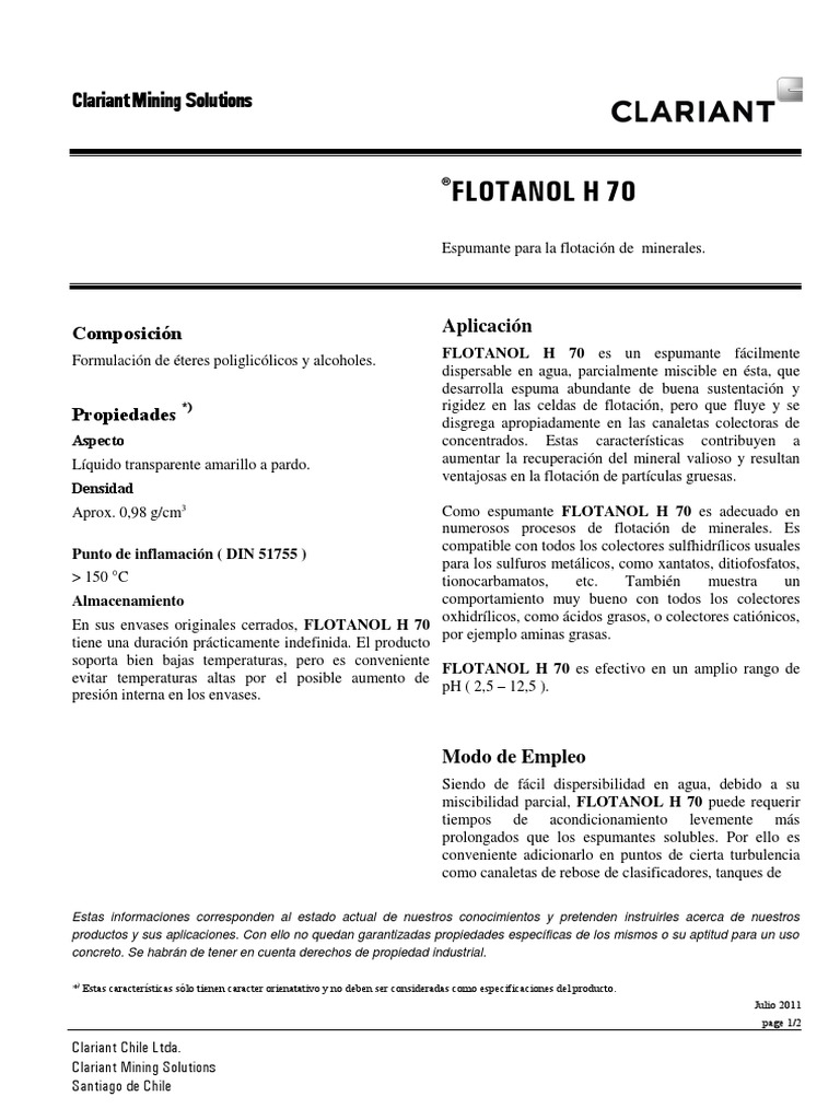 HT Flotanol H 70 | PDF | Minerales | Agua