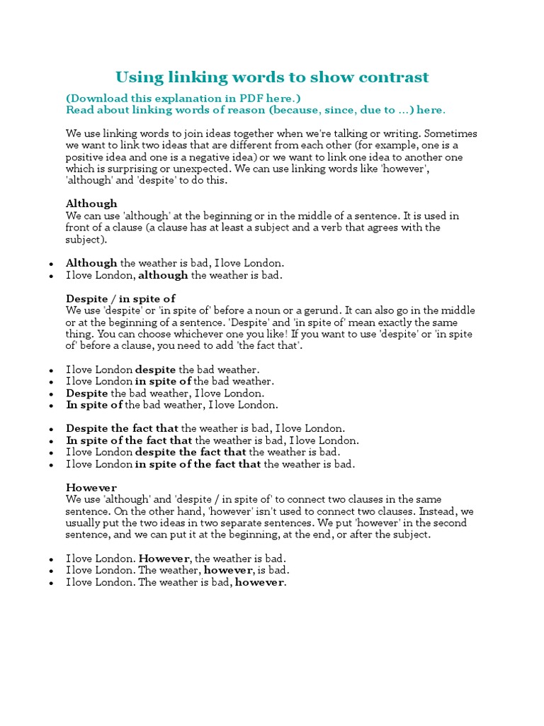 Using Linking Words To Show Contrast PDF | PDF | Sentence (Linguistics ...