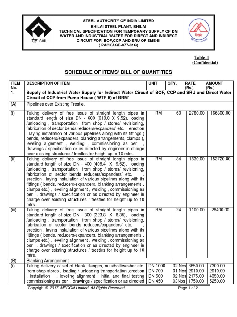 Revised BOQ TABLE a _3_ Including DM Plant 26.07 | Pipe (Fluid ...