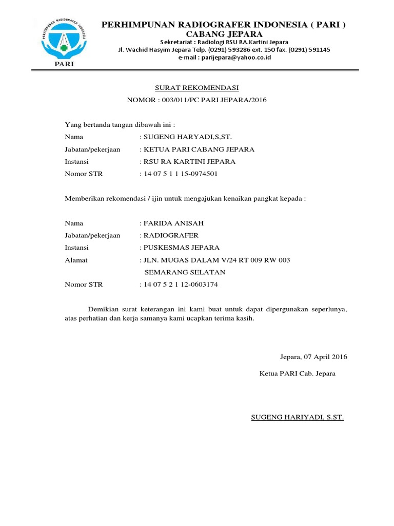 Surat Rekomendasi Mbak Farida Dan Mas Sudi | PDF