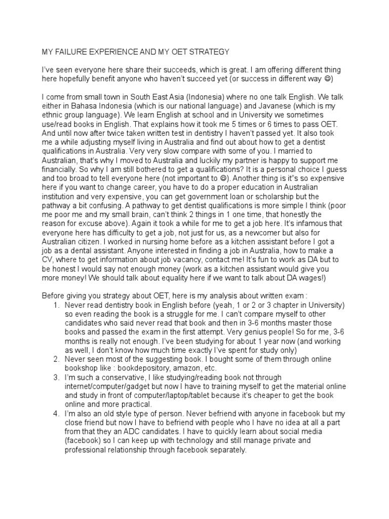 ADC Failure Experience and OET Strategy | PDF | Dentistry | Test ...