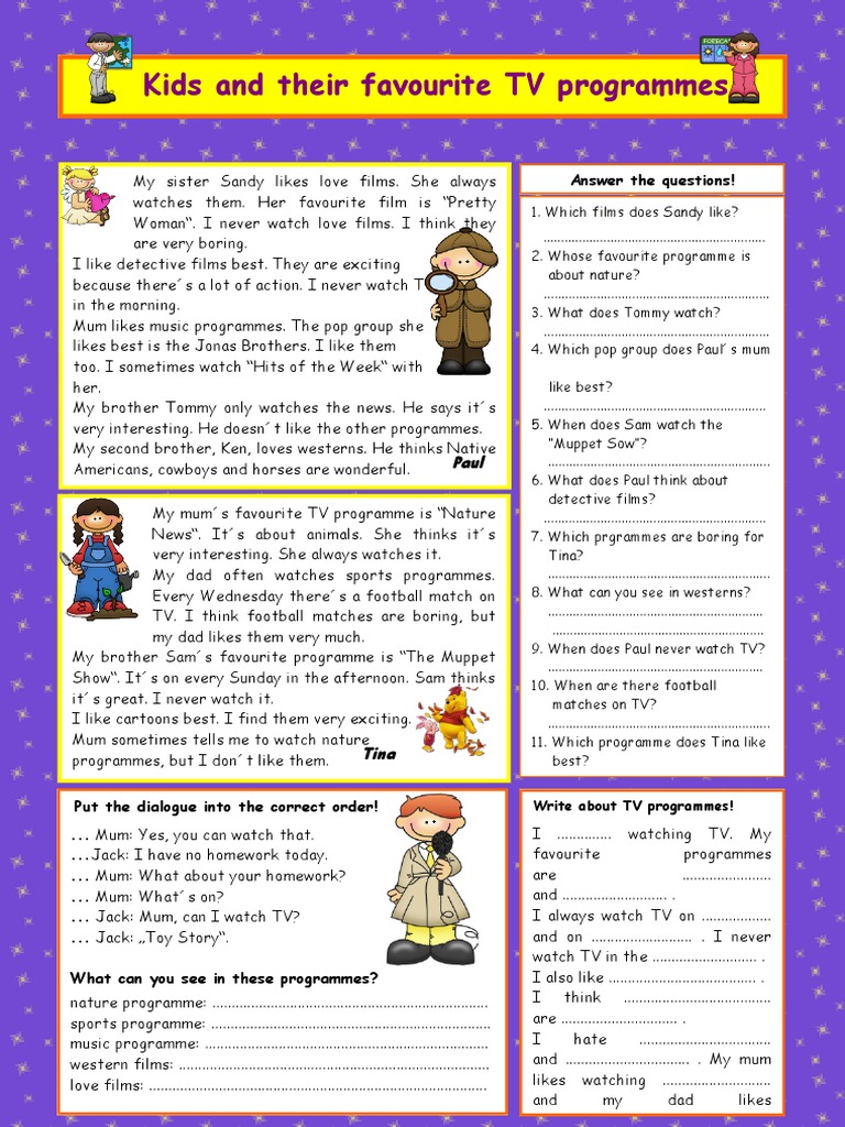 Kids and Their Favourite TV Programmes Key Reading Comprehension ...