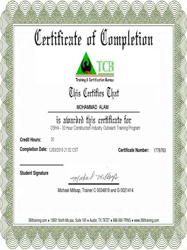 Osha Training Certificate | PDF