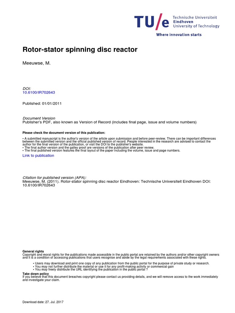 Rotor-Stator Spinning Disc Reactor | PDF | Chemical Reactor | Turbine