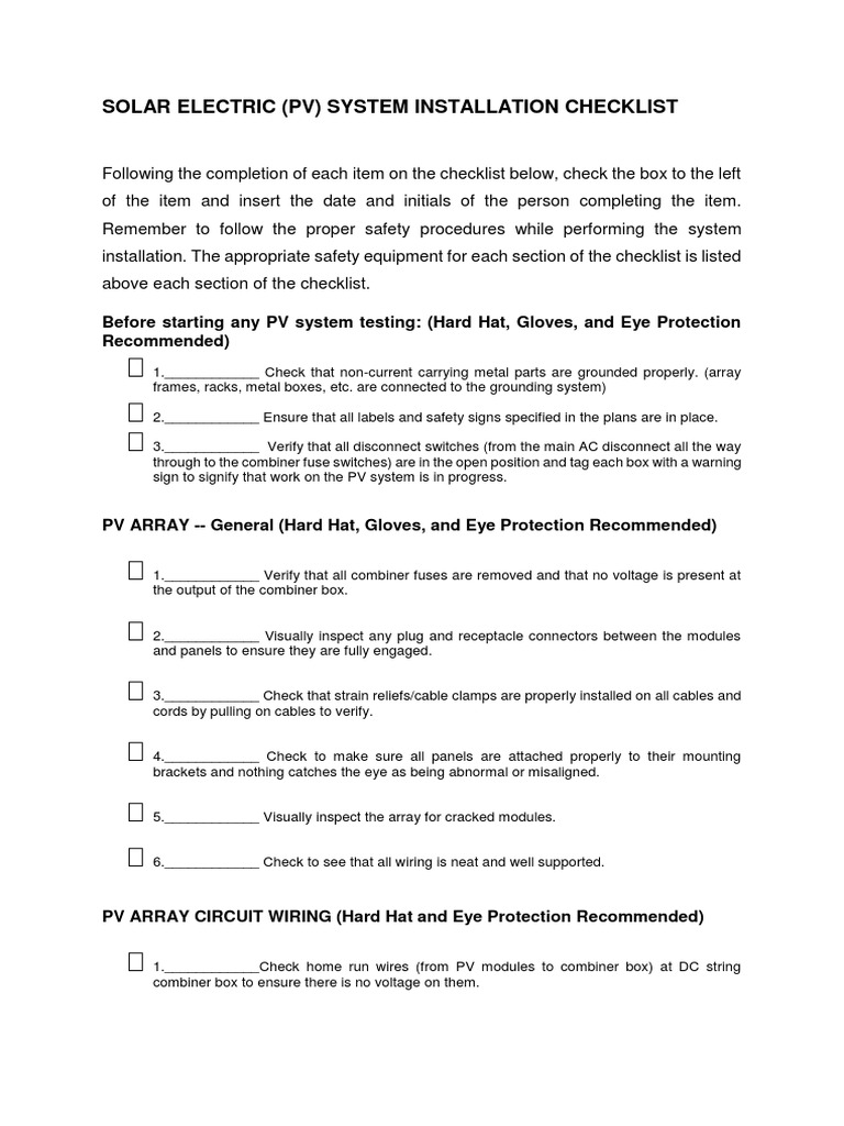 PV Installation Checklist | PDF | Power Inverter | Fuse (Electrical)