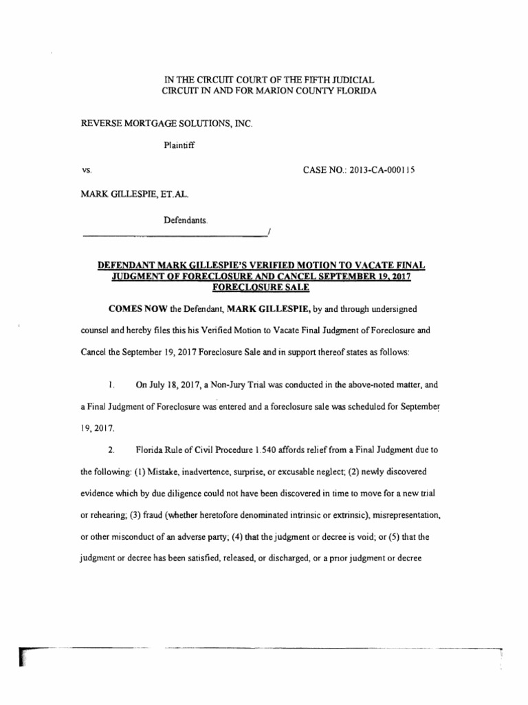Verified Motion To Vacate Final Judgment of Foreclosure and Cancel Sep ...
