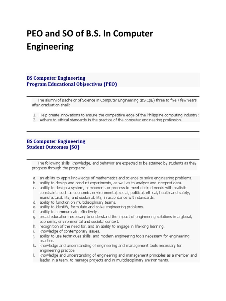 PEO and SO of B.S. in Computer Engineering | PDF | Engineering | Design