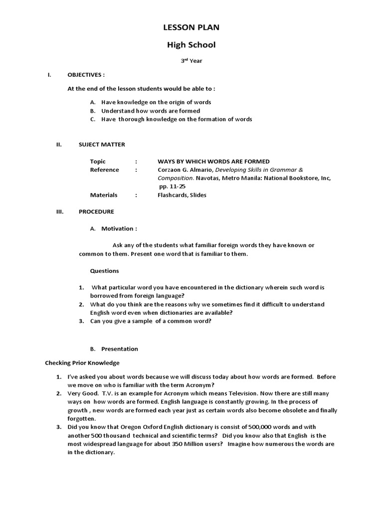 Lesson Plan High School: Composition. Navotas, Metro Manila: National ...