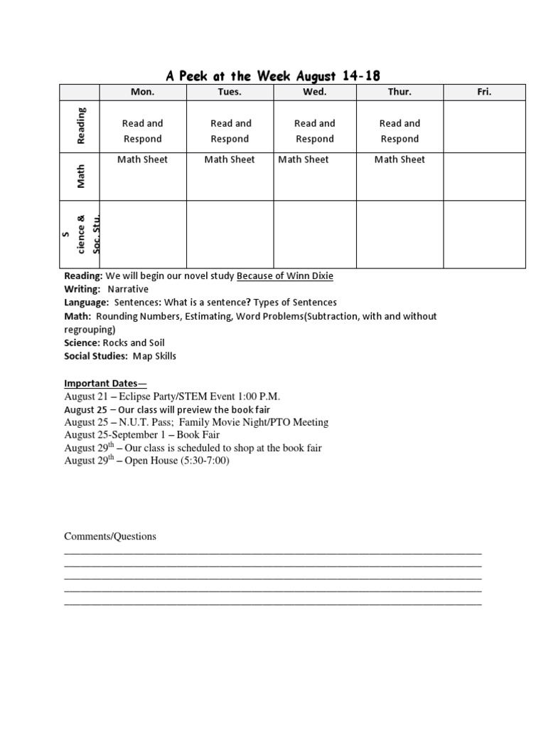 Weekly Lesson Plan: August 14-18 | PDF