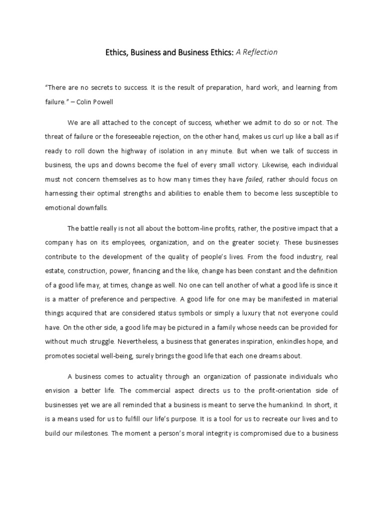 Ethics, Business, And Business Ethics Reflection | Thought | Emergence