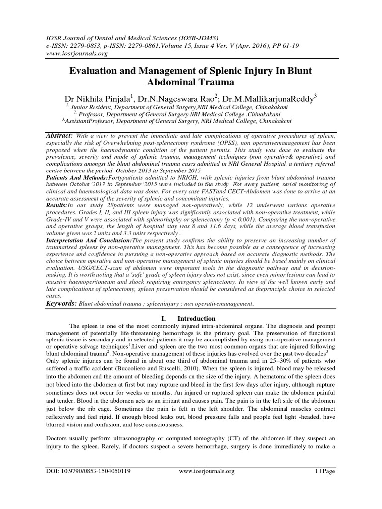 Management of Splenic Injury in Trauma | PDF | Major Trauma | Clinical ...