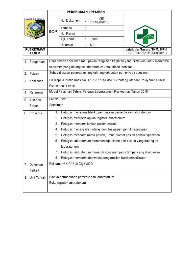 8.1.2.1. Sop Penerimaan Spesimen | PDF
