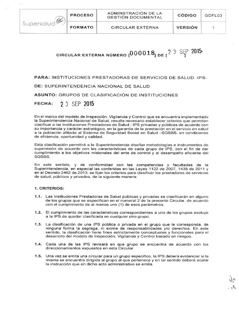 Grupos de Clasificacion de Las Ips - Circular 018 de 2015 Sns | PDF
