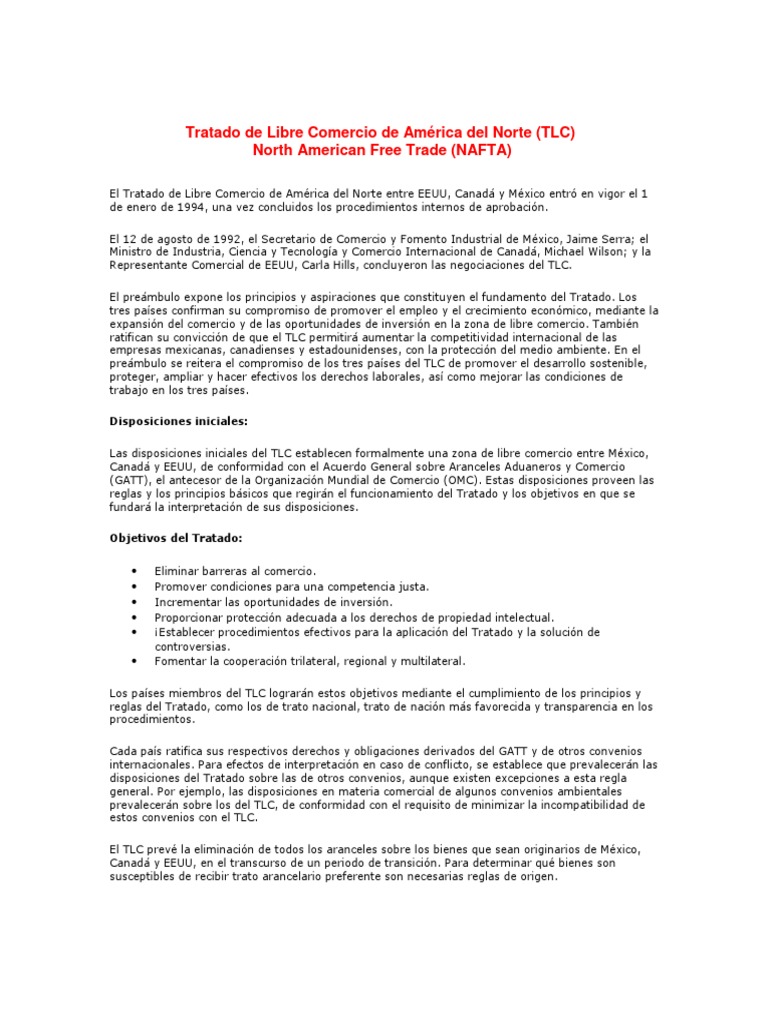 Tratado de Libre Comercio de América Del Norte | PDF | Tratado de Libre Comercio Norteamericano ...