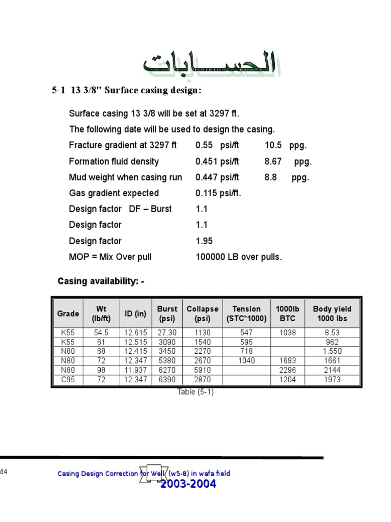 5-1 13 3/8" Surface Casing Design | PDF | Casing (Borehole) | Pressure