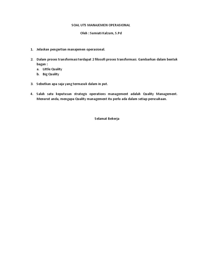 Soal Uts Manajemen Operasional | PDF