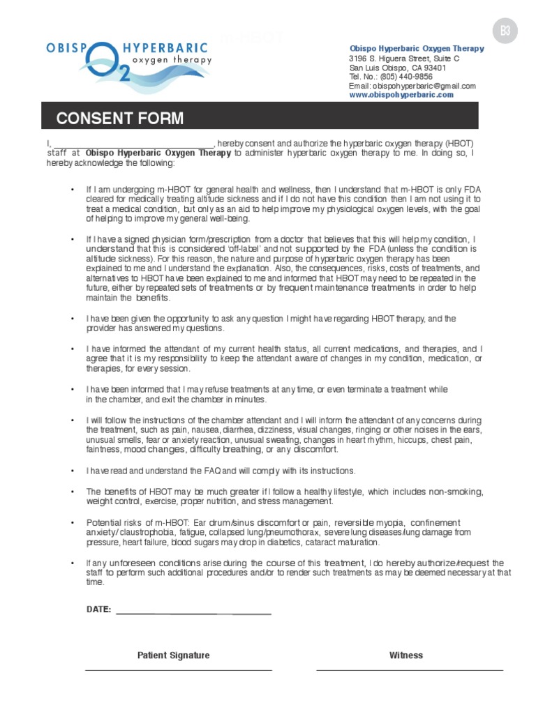 Obispo HBOT Consent Form | PDF | Medical Specialties | Medicine