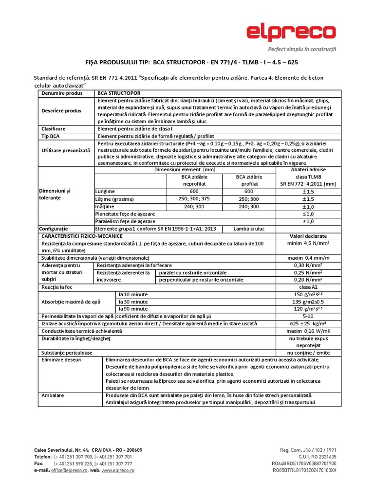 Elpreco Fisa Tehnica BCA Structopor PDF | PDF