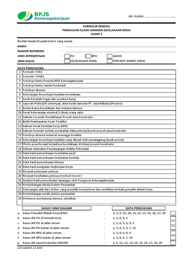 Formulir Kendali JKK Tahap 1 | PDF