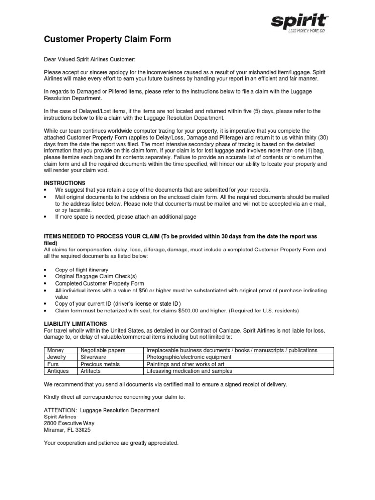 Customer Property Claim Form 8-26-14 English Version | PDF | Baggage ...