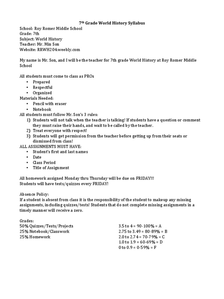 7th Grade World History Syllabus | PDF | Homework | Pedagogy