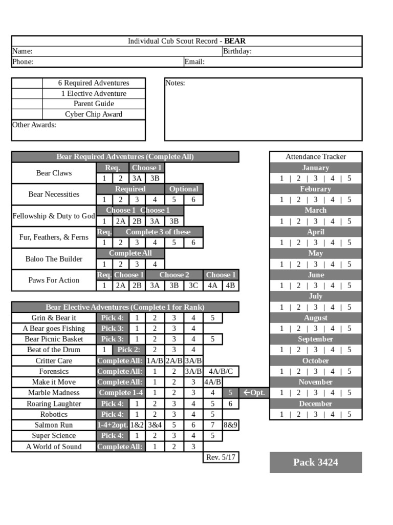 Individual Cub Scout Record - BEAR | PDF | Scouting And Guiding ...