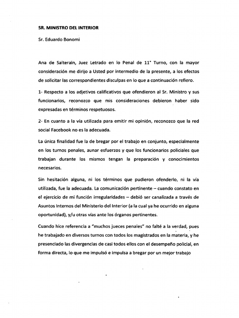 Nota de Disculpas, Jueza Ana de Salterain | PDF | Instituciones ...