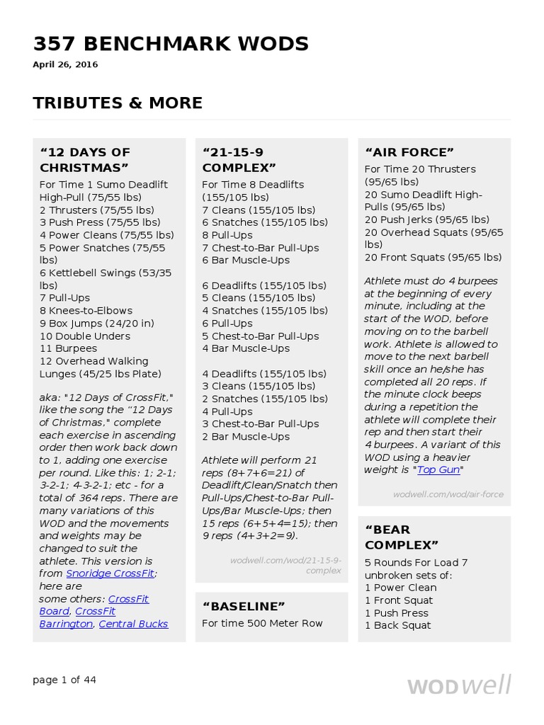 357 Benchmark Wods | PDF | Kettlebell | Individual Sports