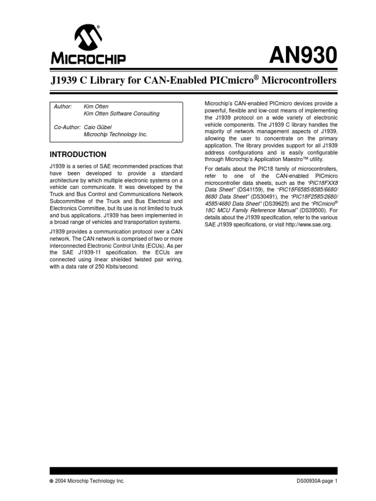 AN930A - J1939 C Library For CAN-Enabled PICmicro PDF | PDF | Library (Computing) | Subroutine