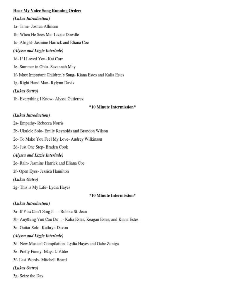 Hear My Voice Song Running Order | PDF