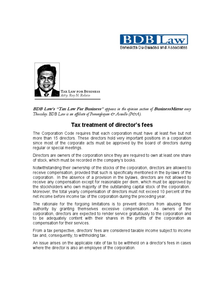 70.BM - Tax Treatment of Director's Fees.12.18.08 | PDF | Board Of ...