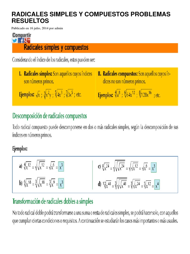 Radicales Simples y Compuestos Problemas Resueltos | PDF