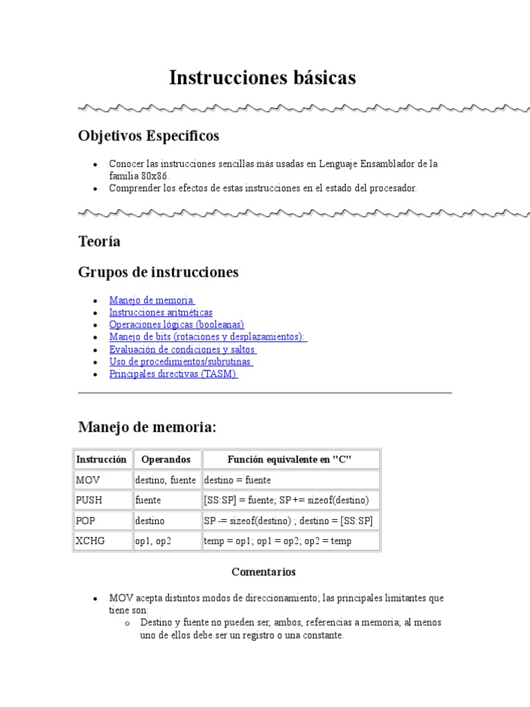 Instrucciones Básicas en Ensamblador 80x86 | PDF | Lenguaje ensamblador | Programa de computadora