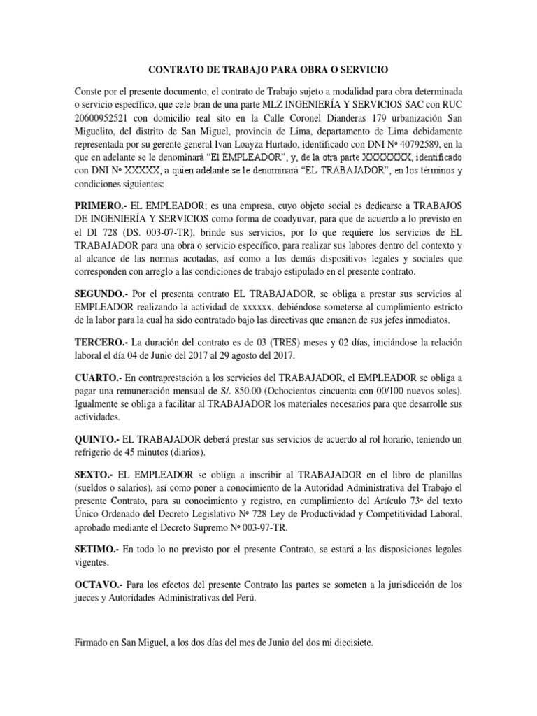 Formato Contrato de Trabajo para Obra o Servicio | PDF | Derecho laboral | Salario
