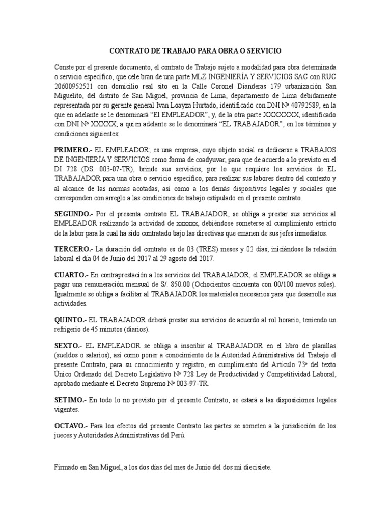 FORMATO CONTRATO DE TRABAJO PARA OBRA O SERVICIO.docx | Derecho laboral | Salario