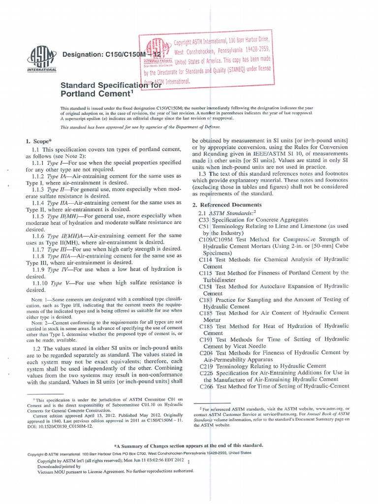 ASTM C 150-12 Standard Specification For Portland Cement | PDF