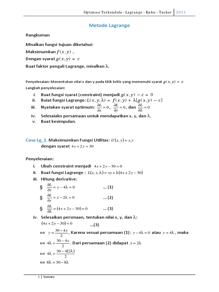 Metode Lagrange Kuhn Tucker PDF | PDF