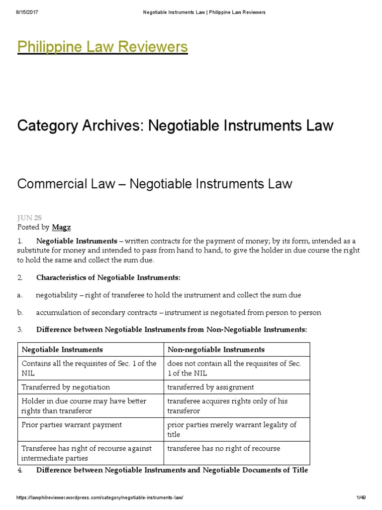 Negotiable Instruments Law - Philippine Law Reviewers | PDF ...