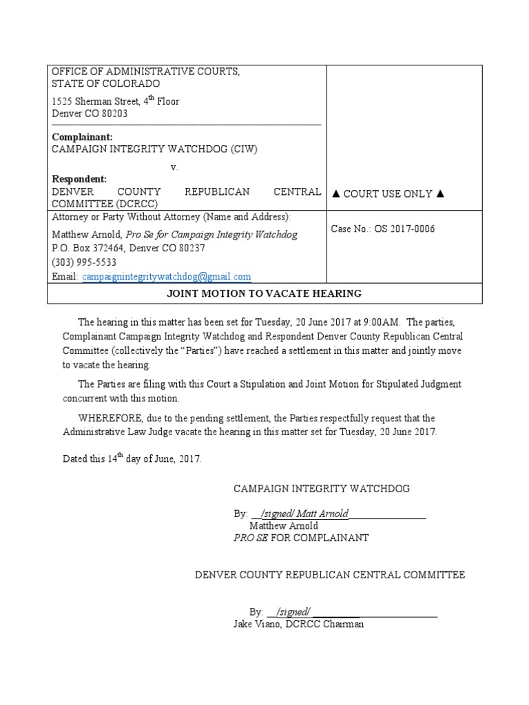 Joint Motion to Vacate Hearing - CIW vs DCRCC | PDF | Pro Se Legal ...