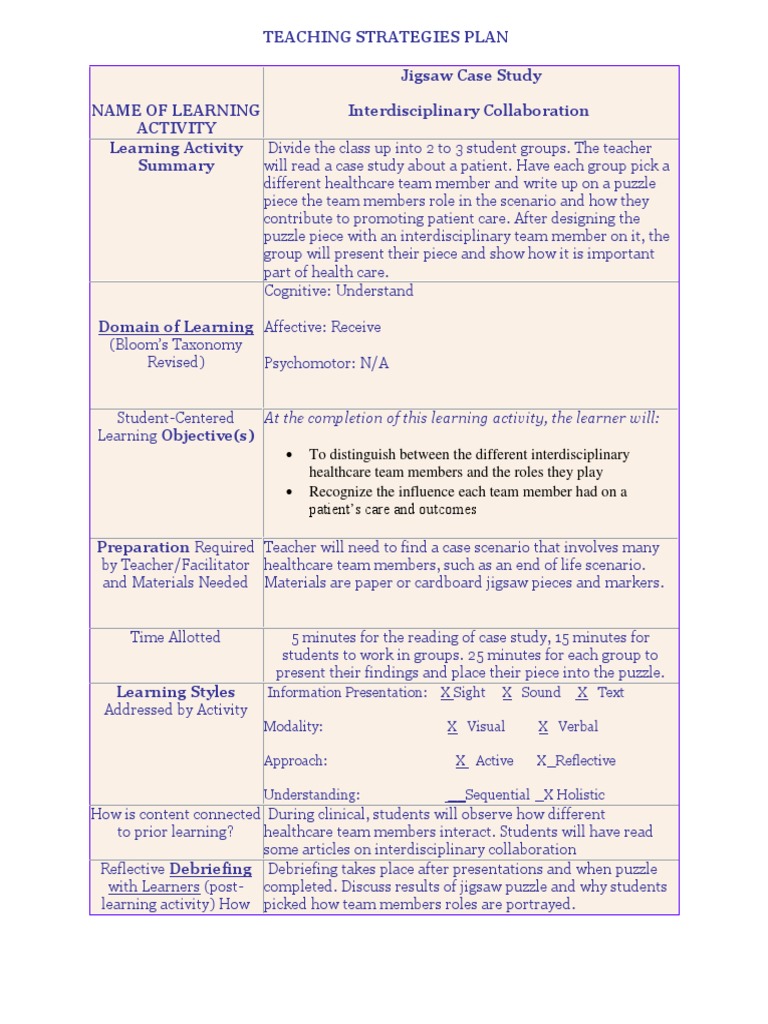 Teaching Strategies Plan Jigsaw Case Study Interdisciplinary ...