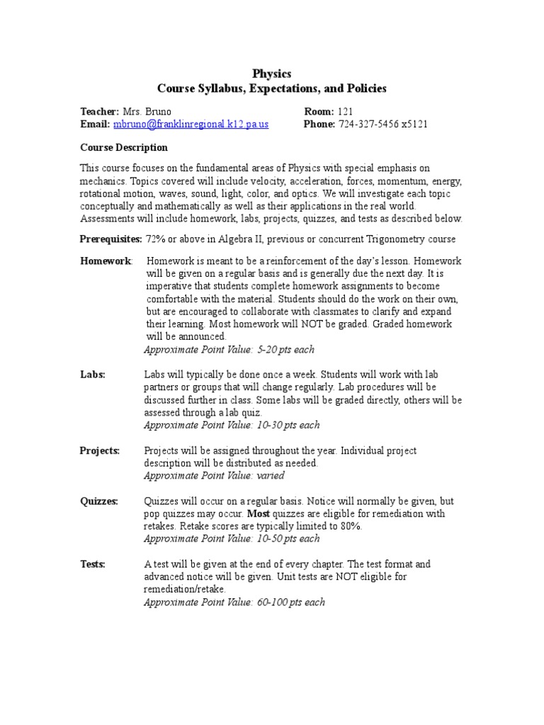 Physics Course Syllabus, Expectations, and Policies | PDF | Collision ...